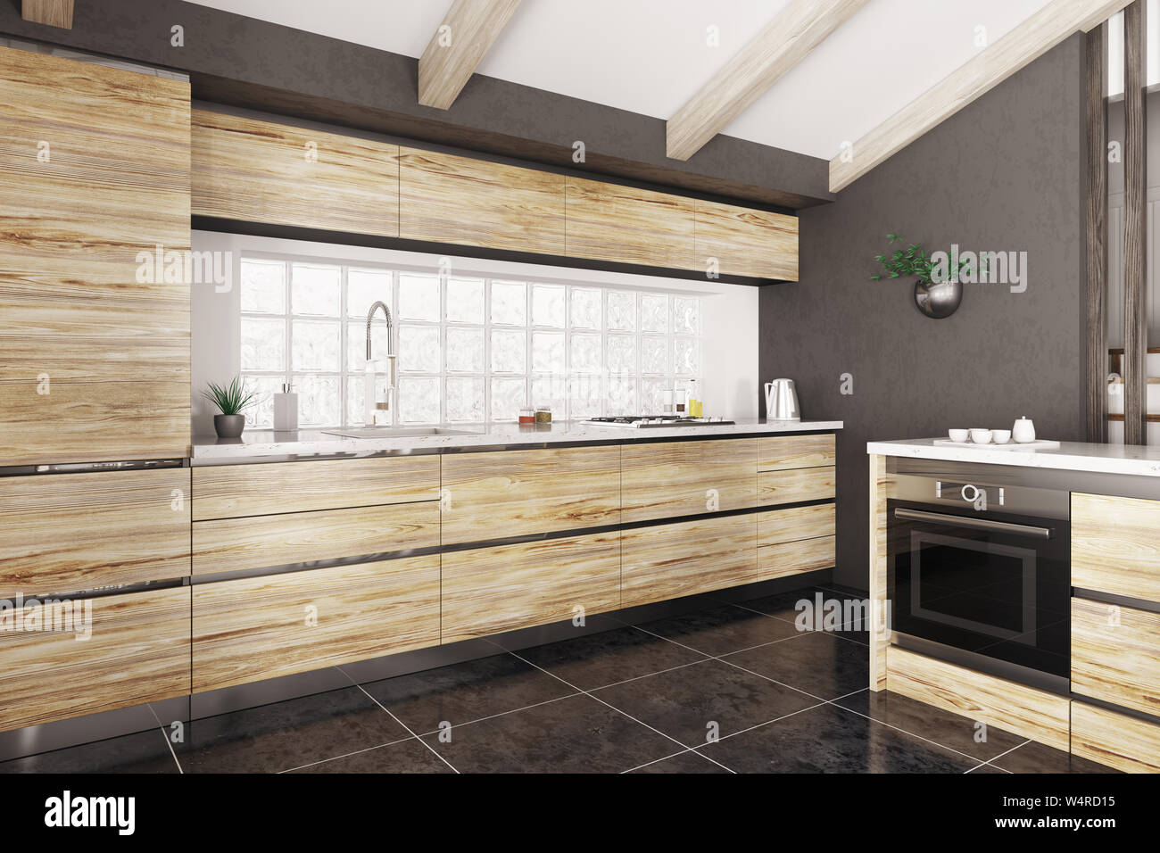 Modern interior of wooden kitchen with white stone counter 3d rendering ...