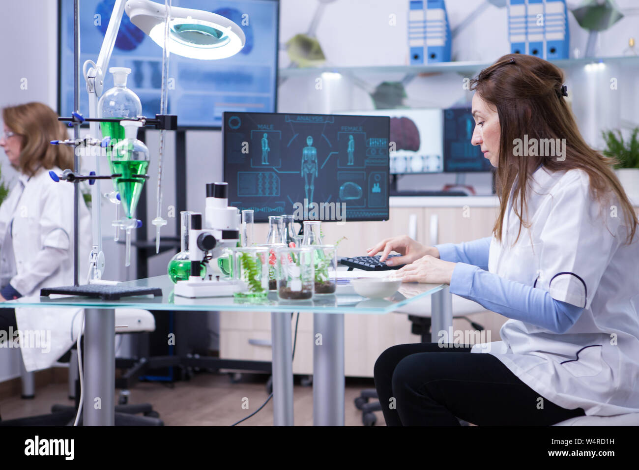 Female scientist typing on her computer the data from last scientific ...