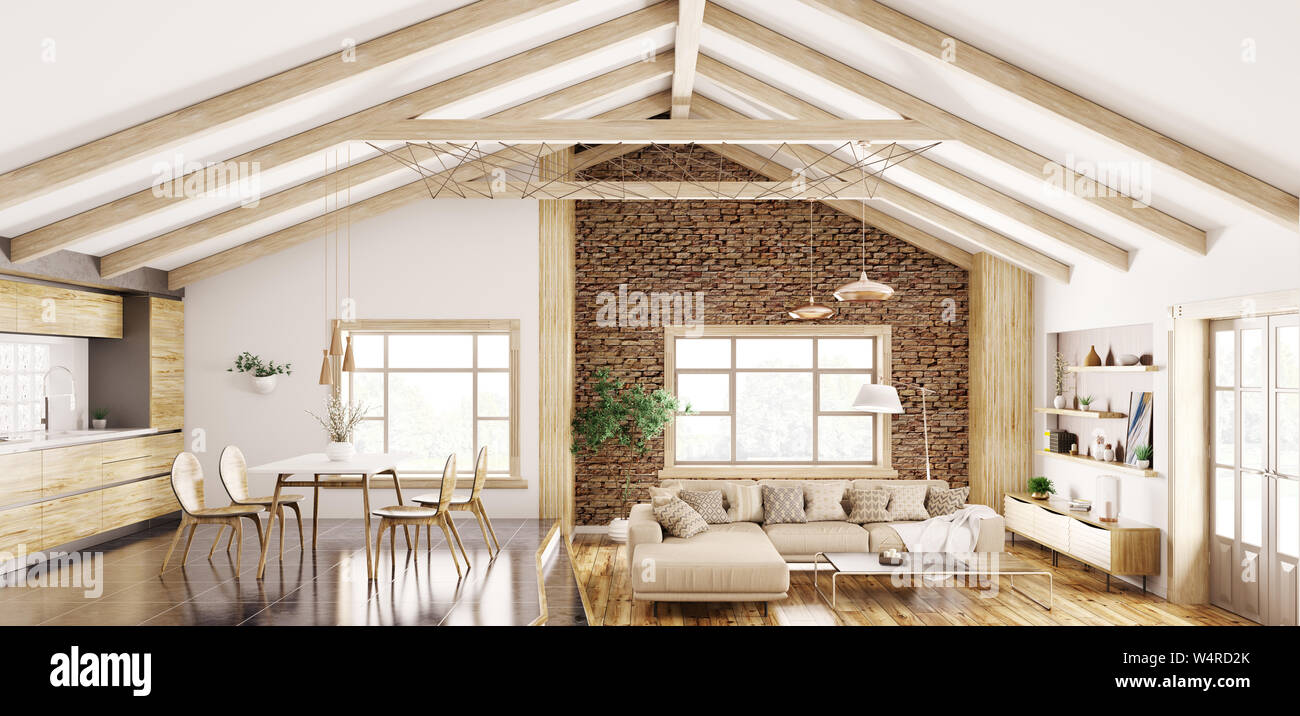 Modern interior of house, kitchen, living room with sofa, panorama 3d ...