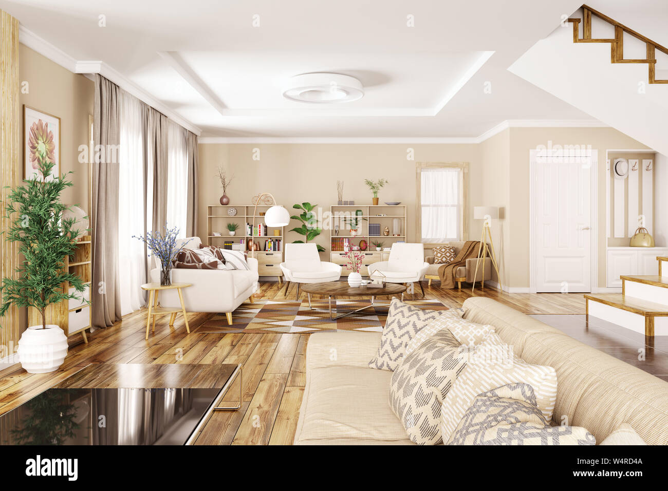 Modern interior of house, hall, living room with sofa and armchairs 3d ...