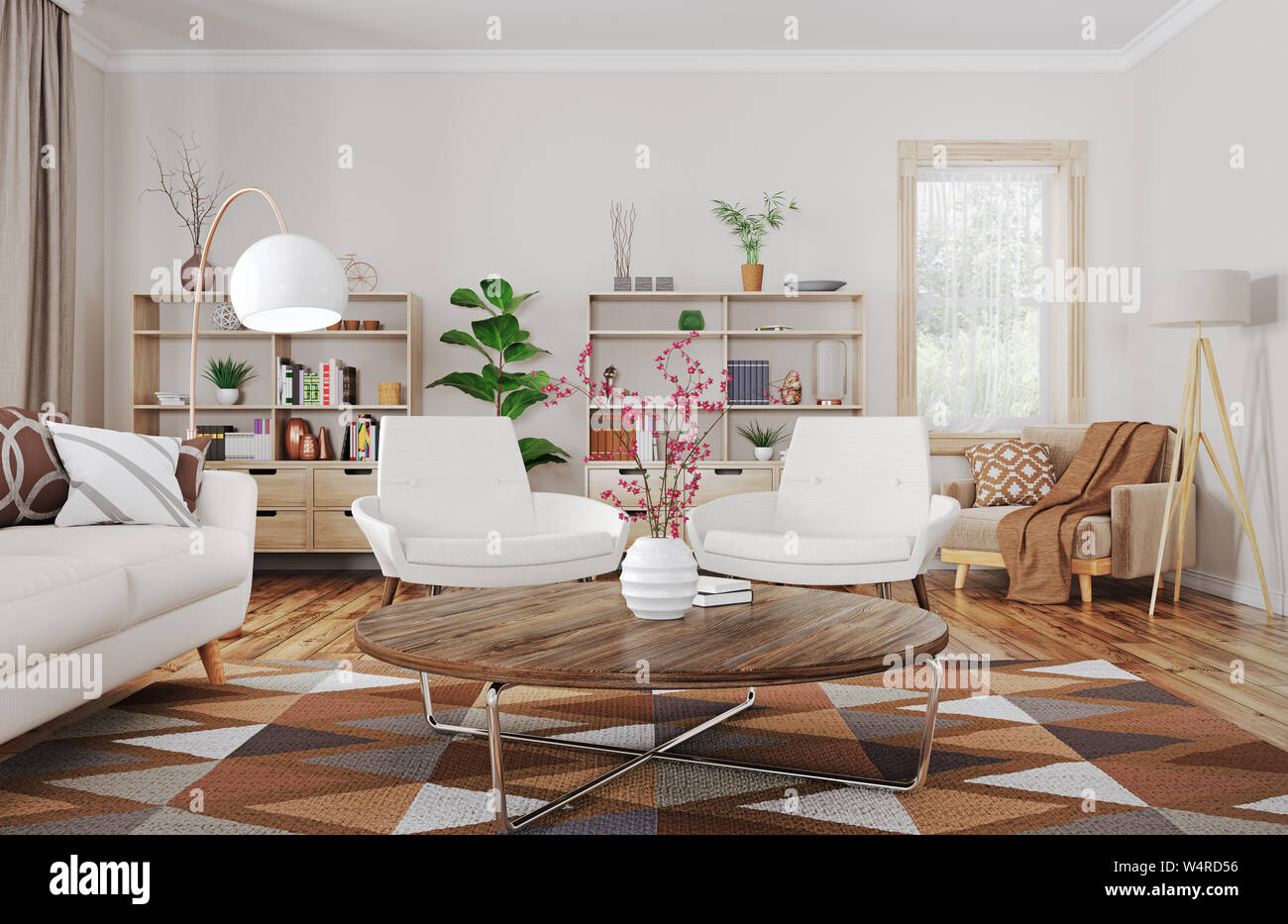 Modern interior design of house, living room with sofa and armchairs 3d ...