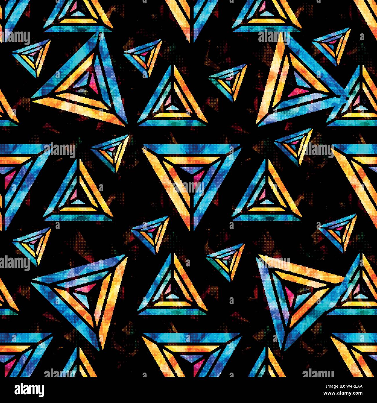 bright psychedelic polygons on a black background abstract geometric seamless pattern Stock ...