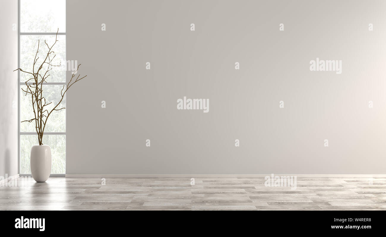 Empty interior background, room with beige wall, vase with branch and ...