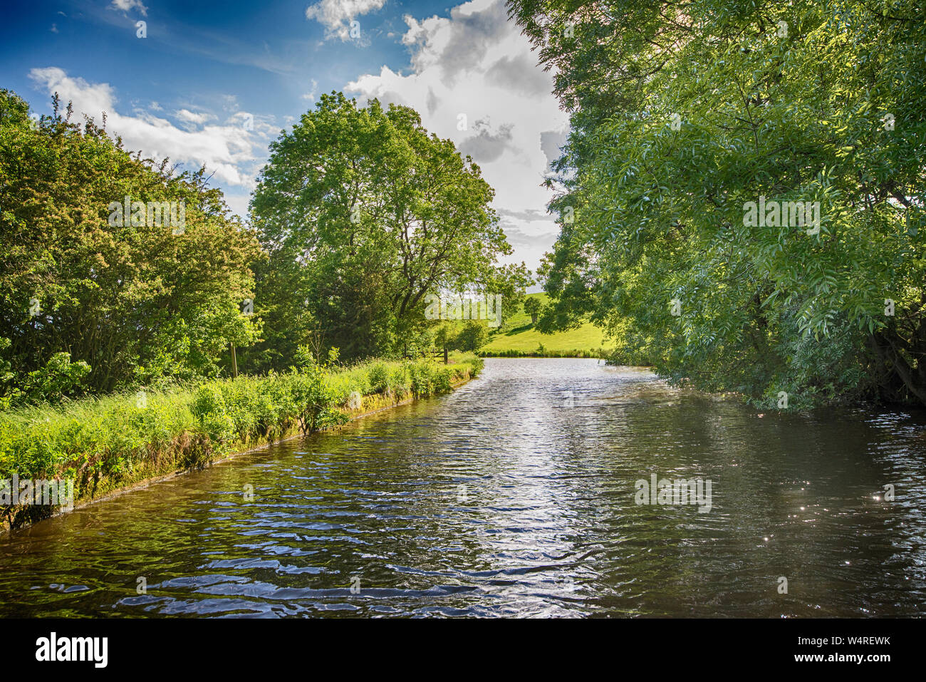Landscape view of English rural countryside scenery on British waterway ...