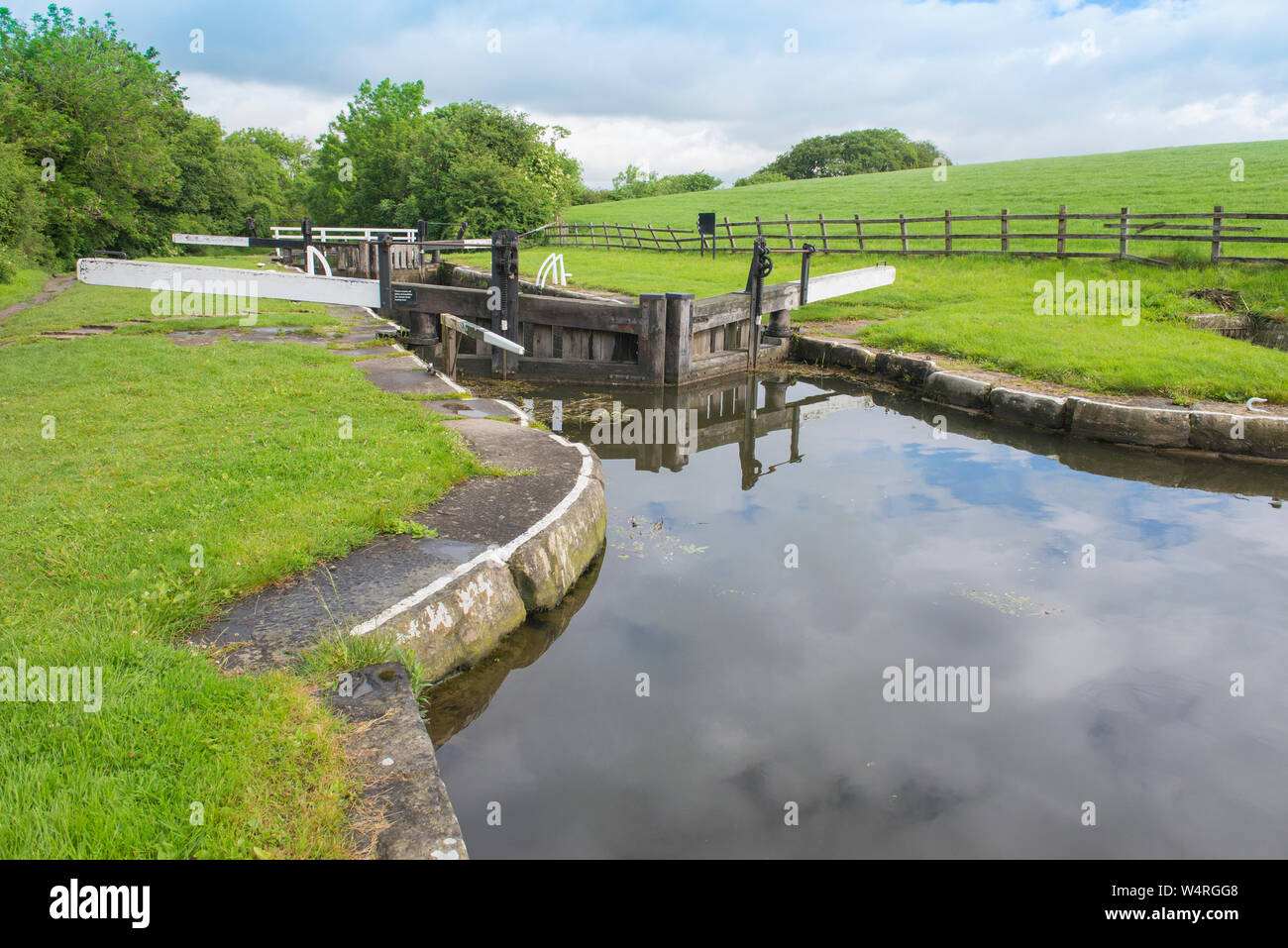 View of English rural countryside scenery on British waterway canal ...