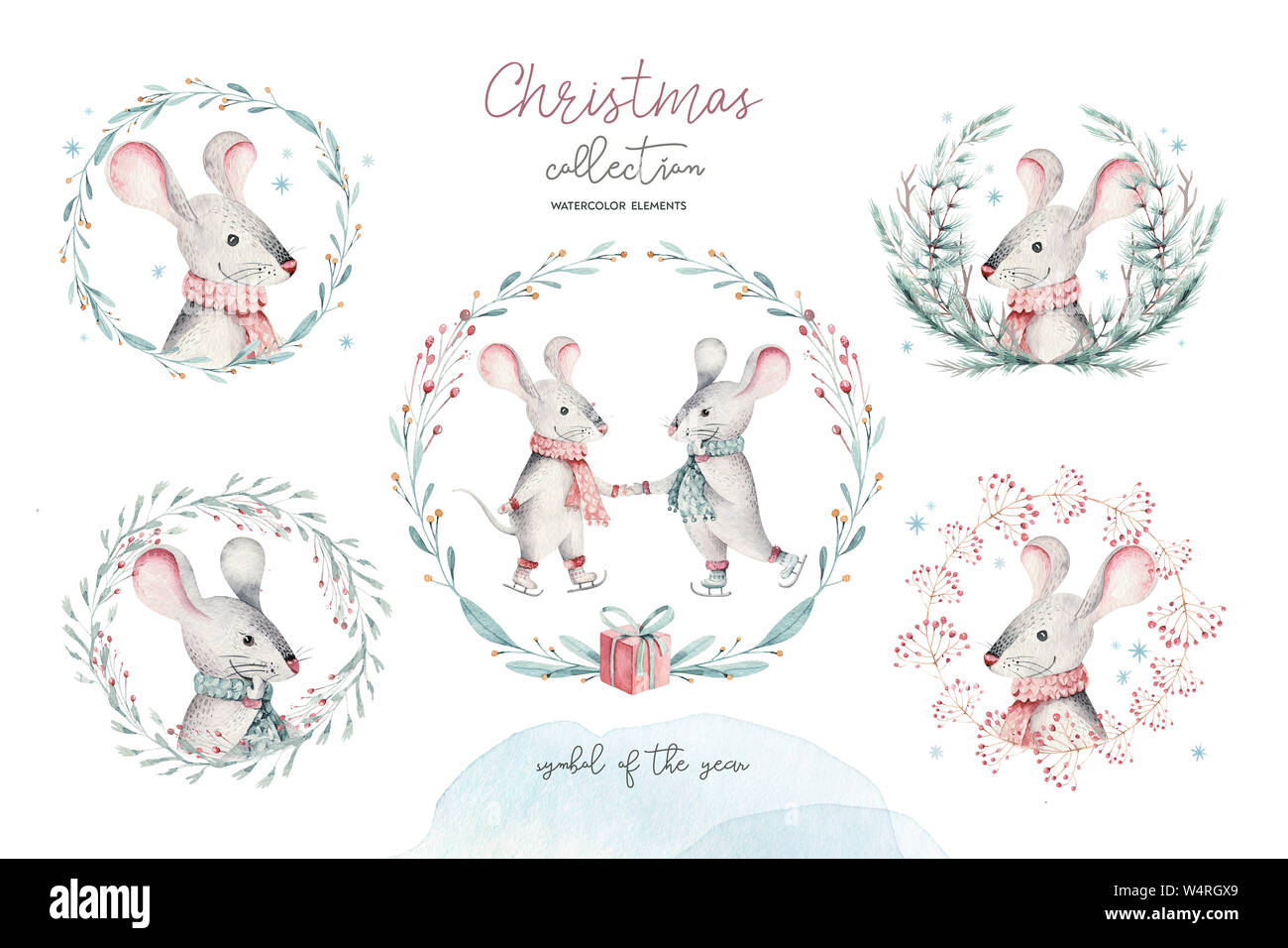 Cute cartoon christmas rat mouse christmas card. Watercolor hand drawn ...