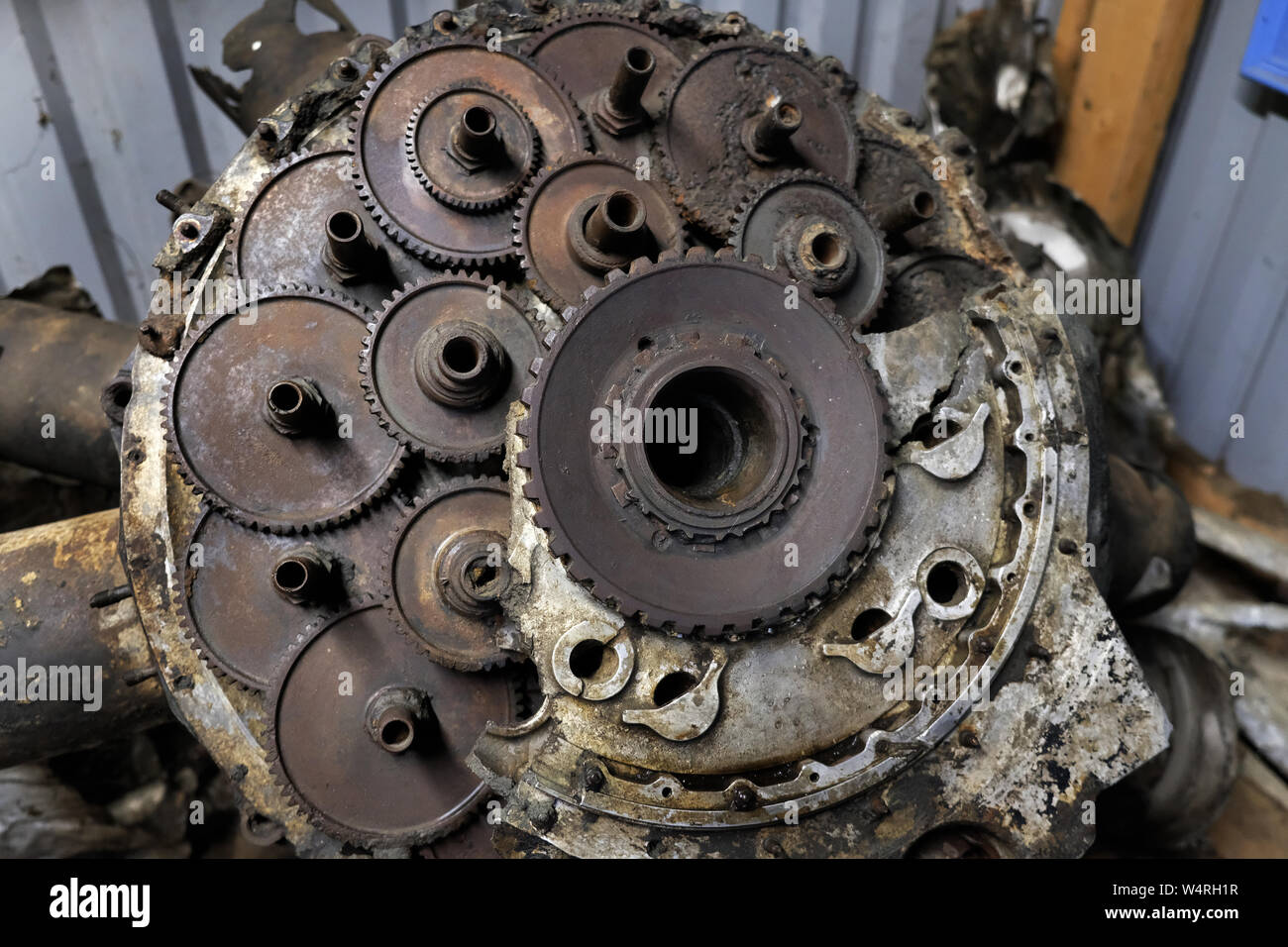 Large number of gears in salvaged aircraft engine after crash and many ...