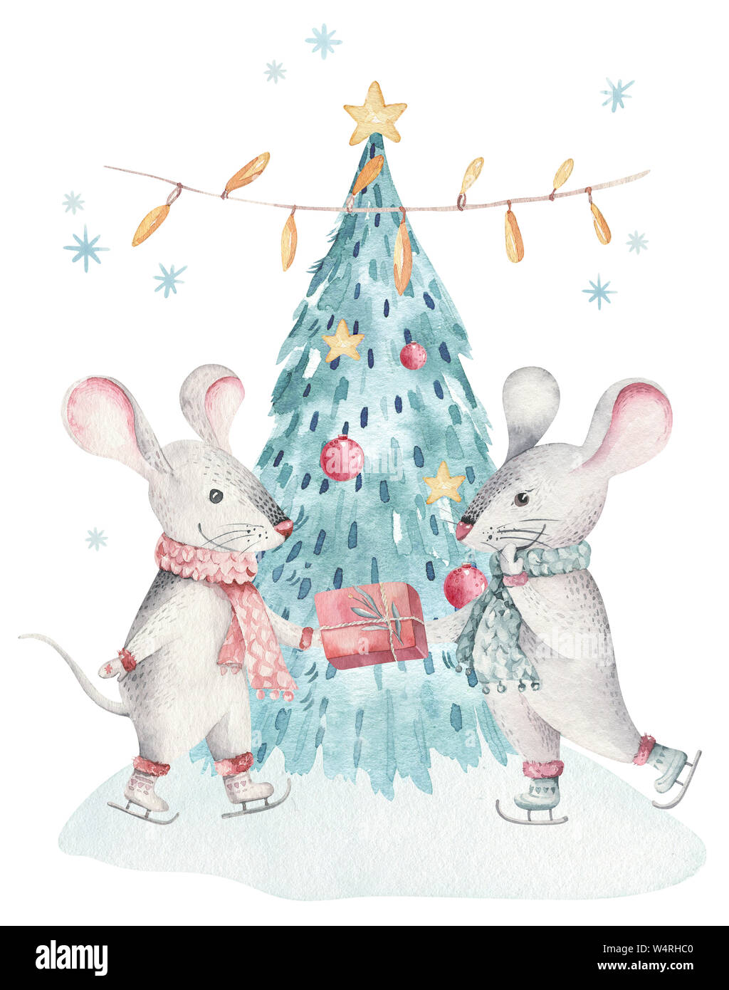 Cute cartoon christmas rat mouse christmas card. Watercolor hand drawn ...