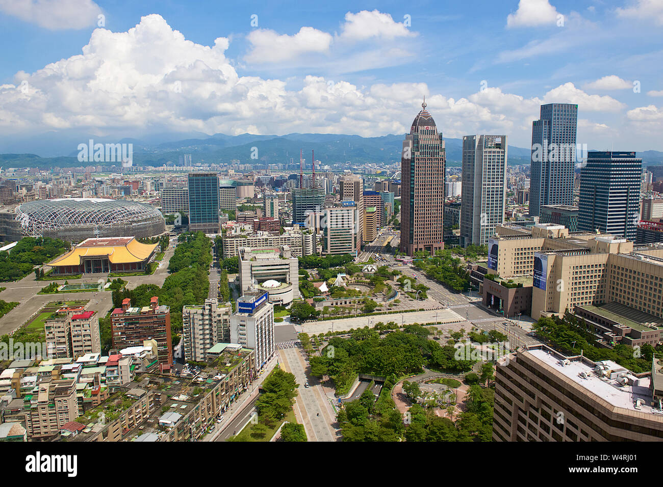 City district with residential area and skyscrapers, Taipei, Taiwan ...