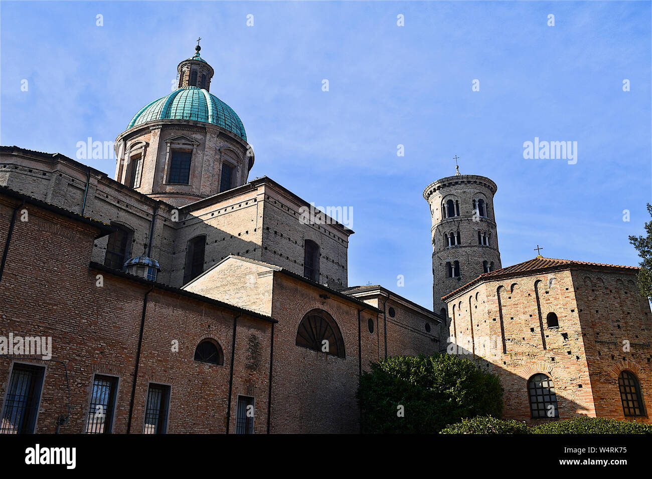 Medieval castle towers and dome, Battistero Neoniano, Ravenna, Emilia ...