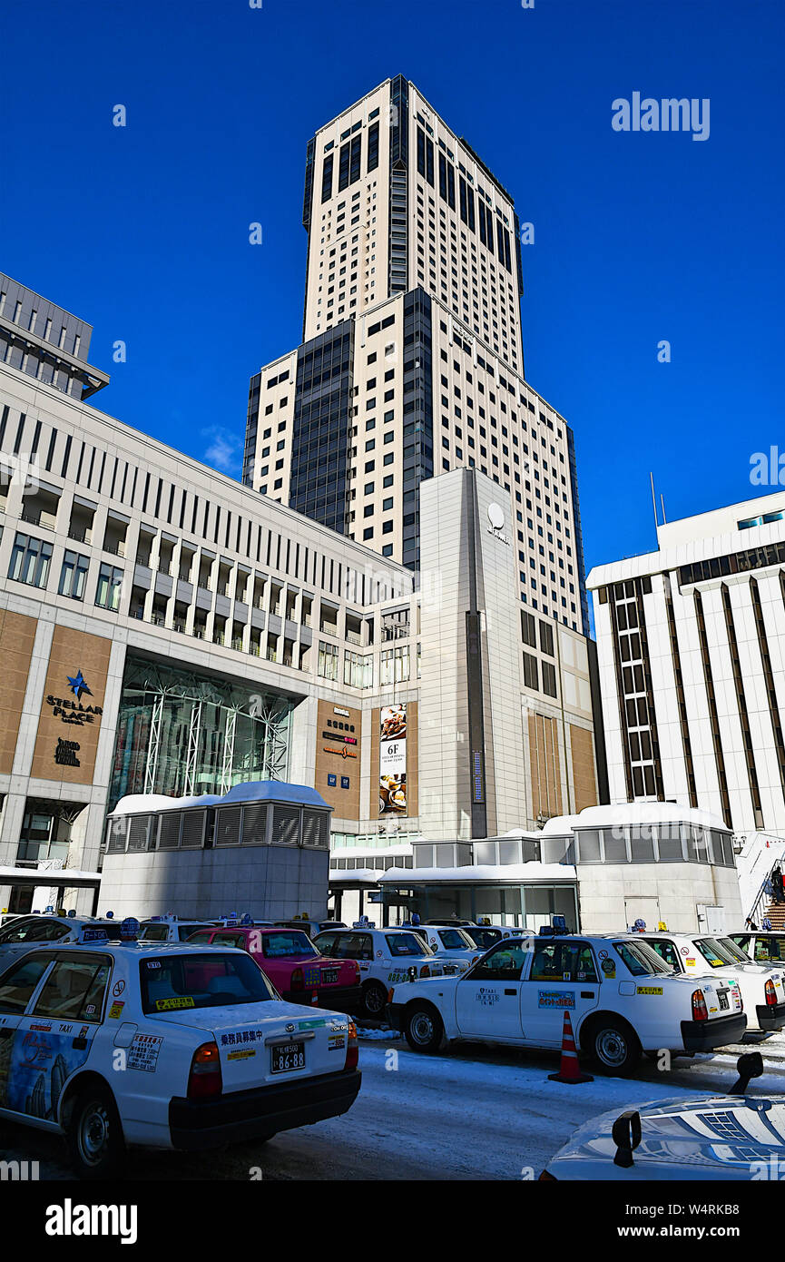 Low angle view of Sapporo Central Train Station, JR tower, Sapporo ...