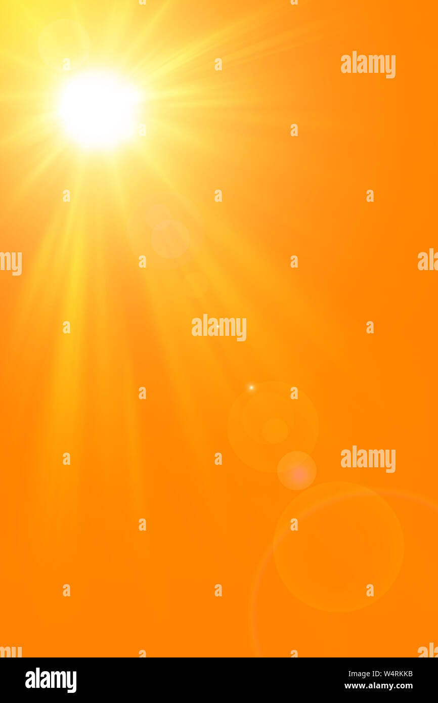 Sunny summer background with the bright sun on an orange background ...