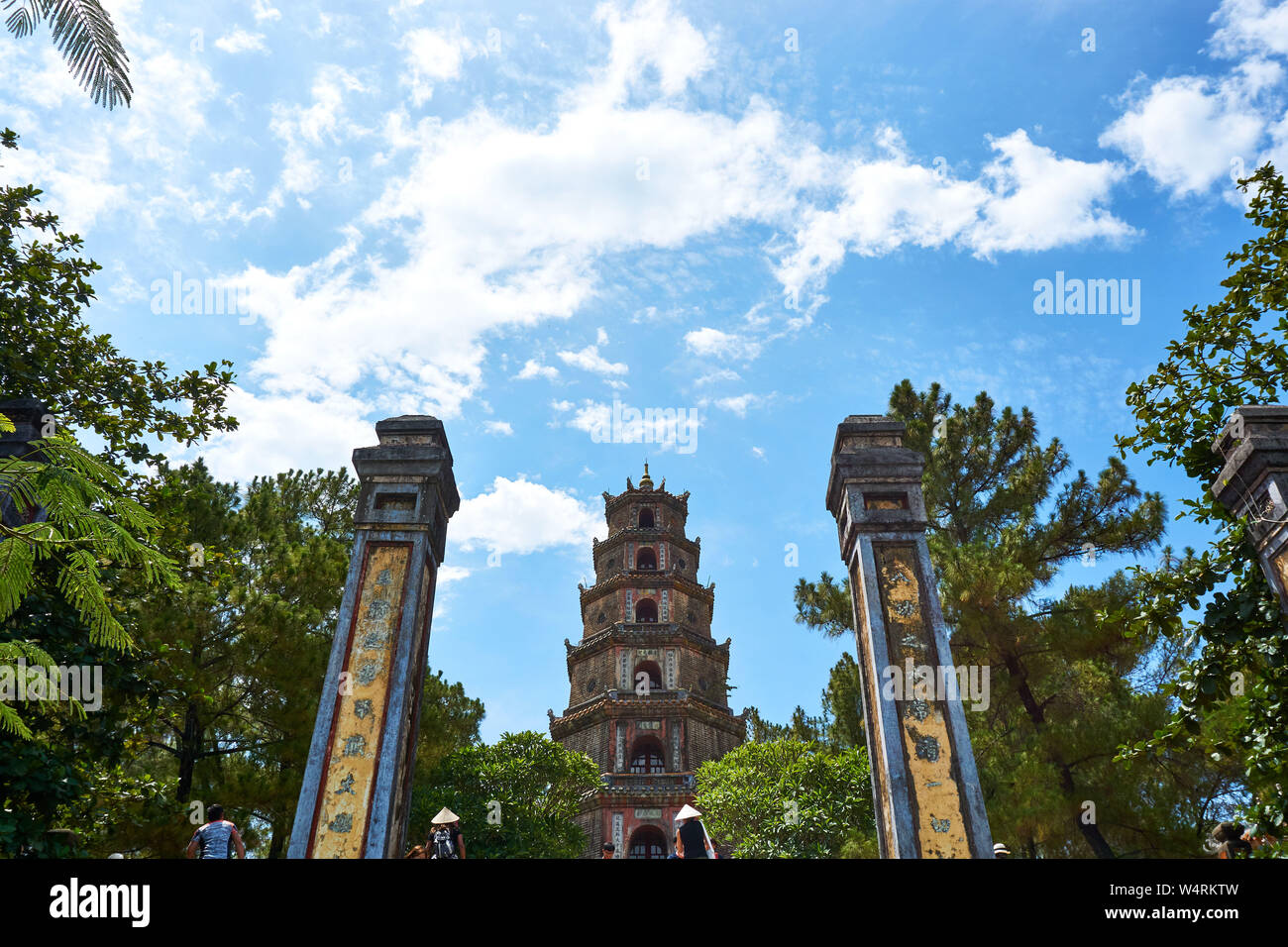 HUE, VIETNAM - JUNE 20, 2019 - People visit he Thien Mu Pagoda in the ...