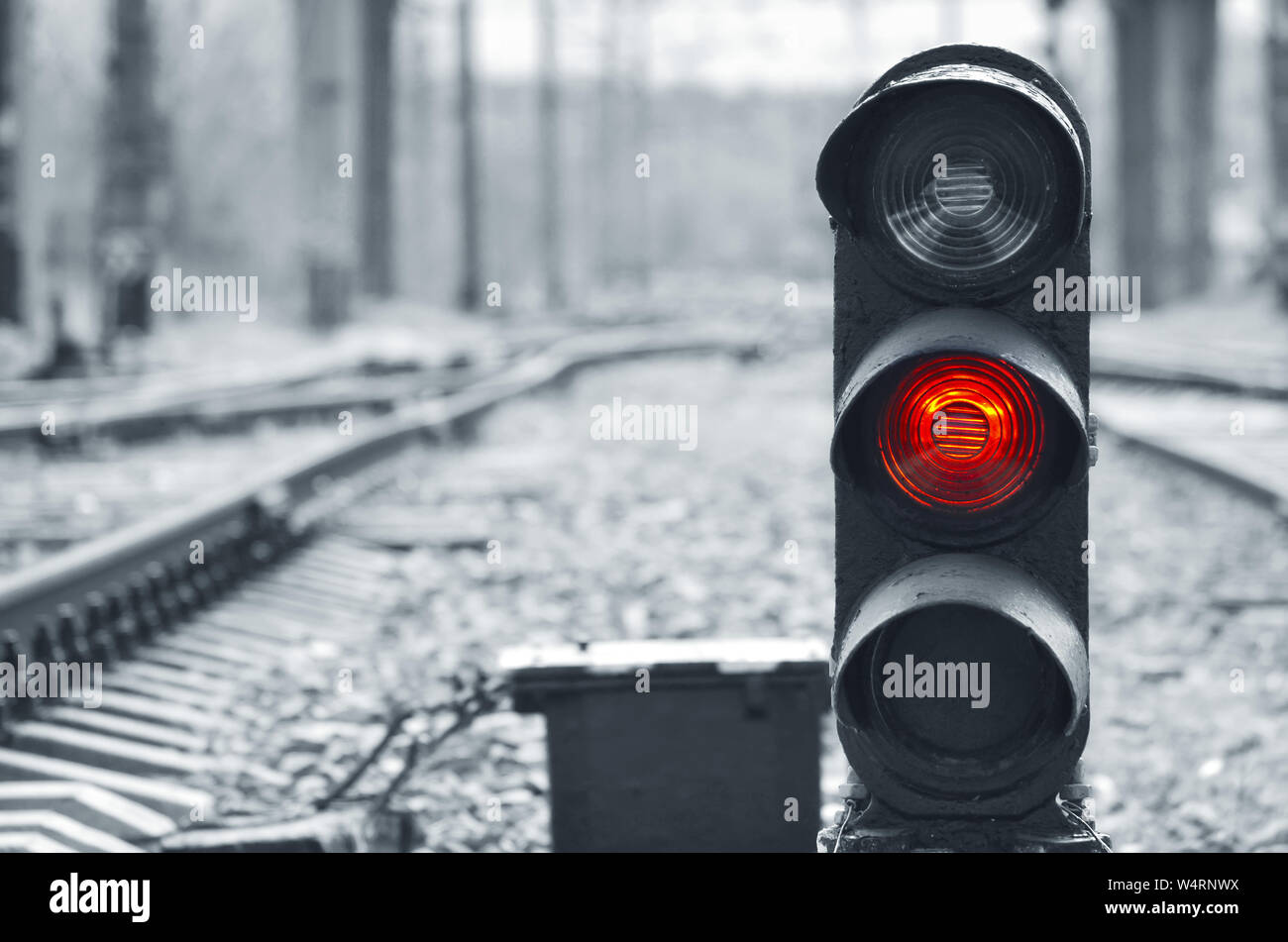 Traffic light shows red signal on railway. Red light Stock Photo - Alamy