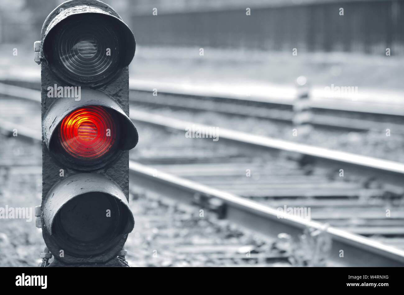 Traffic light shows red signal on railway. Red light Stock Photo - Alamy