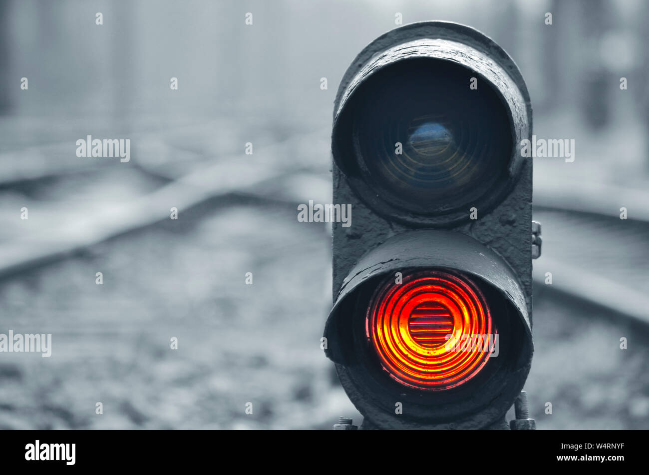 Traffic light shows red signal on railway. Red light Stock Photo - Alamy