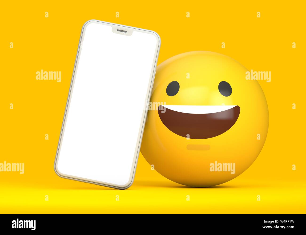Smartphone mockup with blank screen and fun emoji character. 3D Render ...