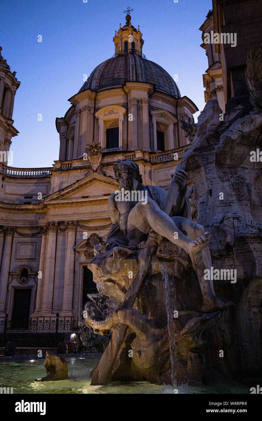 ROME, ITALY - JUNE 28, 2019: fountain with ancient roman statues near ...