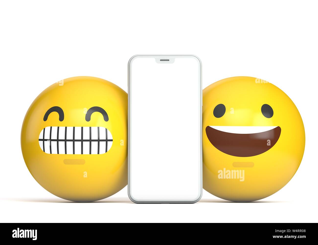 Smartphone mockup with blank screen and fun emoji character. 3D Render ...