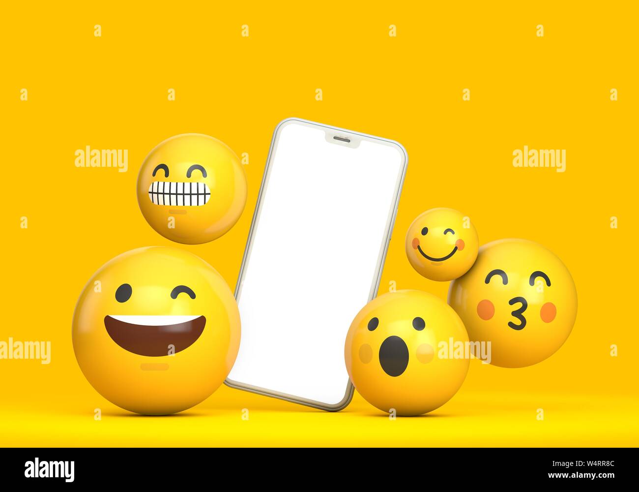 Smartphone mockup with blank screen and fun emoji character. 3D Render ...