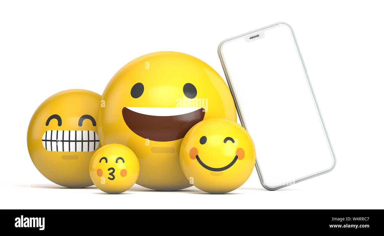 Smartphone mockup with blank screen and fun emoji character. 3D Render ...