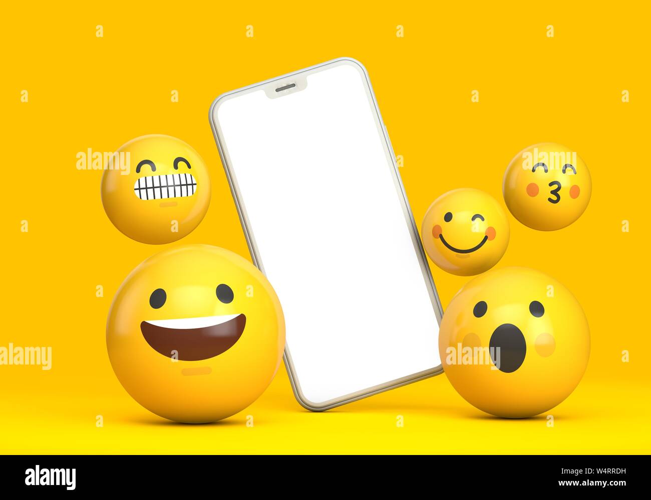 Smartphone mockup with blank screen and fun emoji character. 3D Render ...