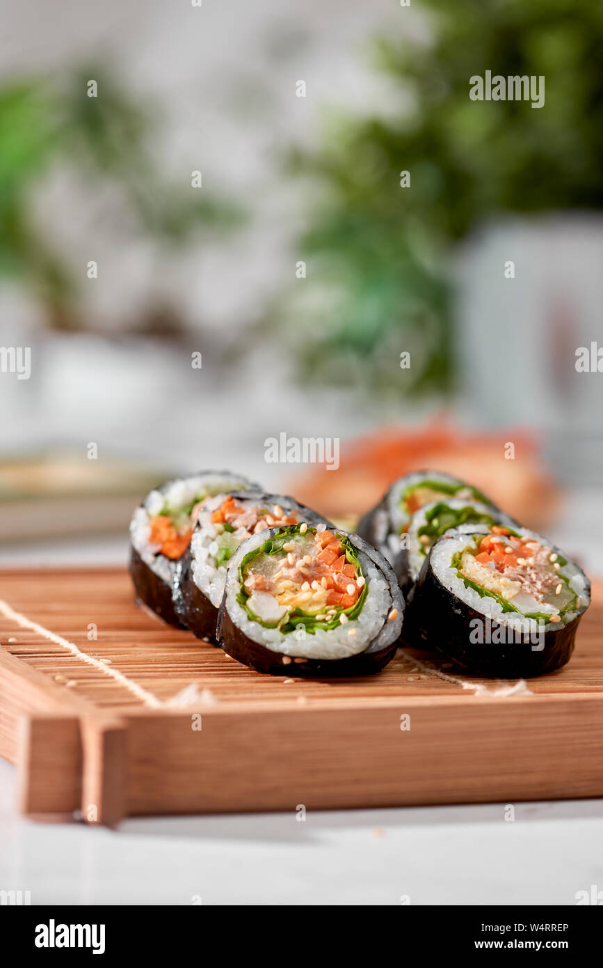 Korean roll Gimbap(kimbob) made from steamed white rice (bap) and ...