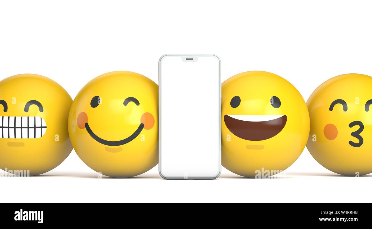 Smartphone mockup with blank screen and fun emoji character. 3D Render ...