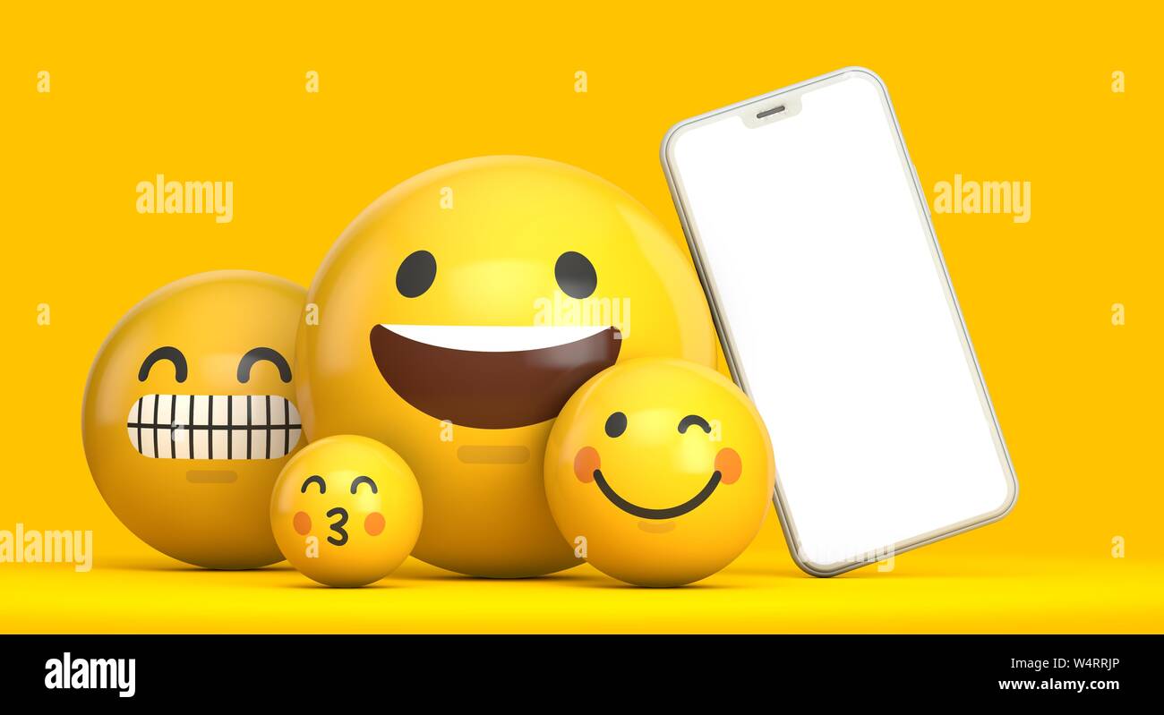 Smartphone mockup with blank screen and fun emoji character. 3D Render ...