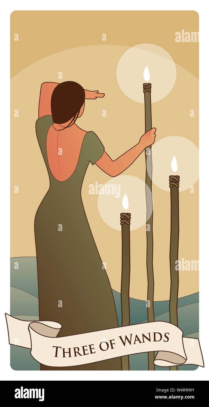 Three of wands. Tarot cards. Woman on her back, looking away, in the ...
