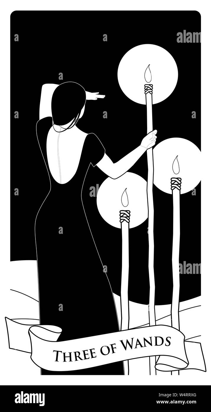 Three of wands. Tarot cards. Woman on her back, looking away, in the ...