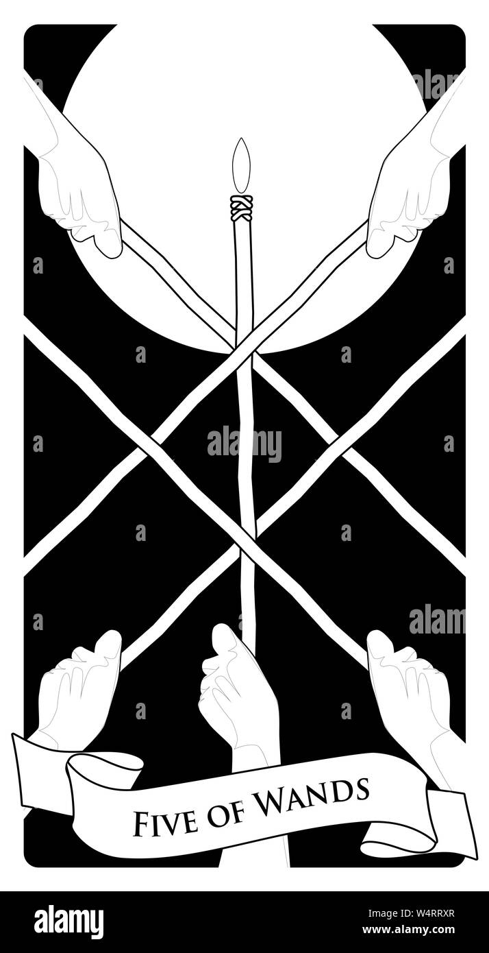 Five of wands. Tarot cards. Five hands holding rods and light stick in ...