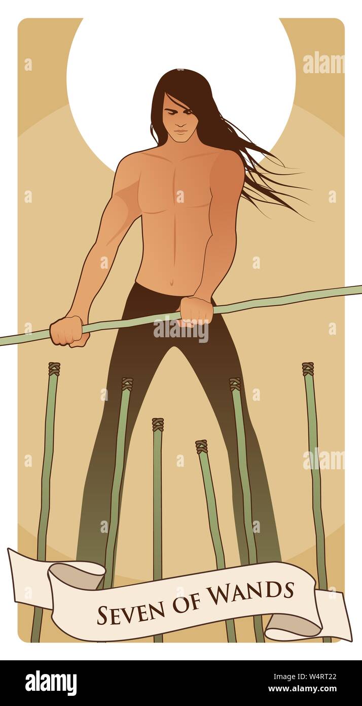 Seven of wands. Tarot cards. Long-haired young man, holding a wand ...