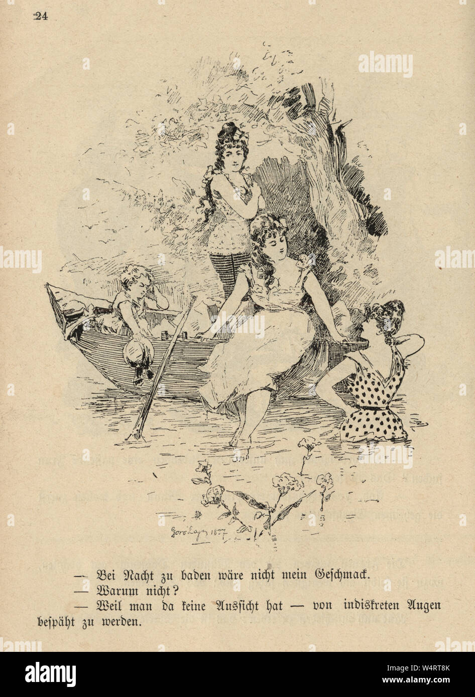 Vintage German cartoon of young women relaxing in a river on a hot ...