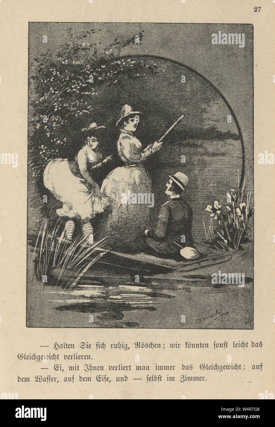Vintage German cartoon of young women and a man punting on the river ...