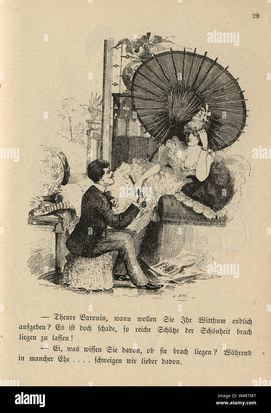 Vintage German cartoon of young man flirting with a woman, 19th Century ...
