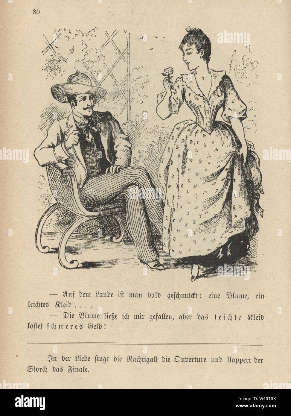Vintage German cartoon of man giving a young woman a flower, 19th ...