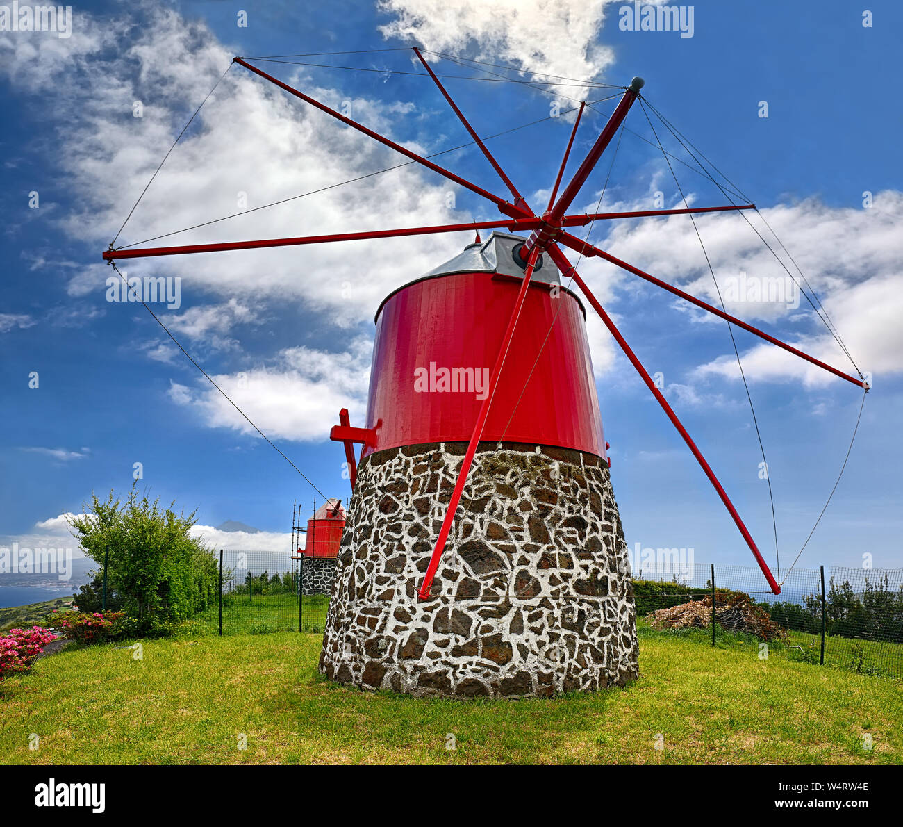 Old windmill near Conceicao (Faial, Azores) with volcano Pico in ...
