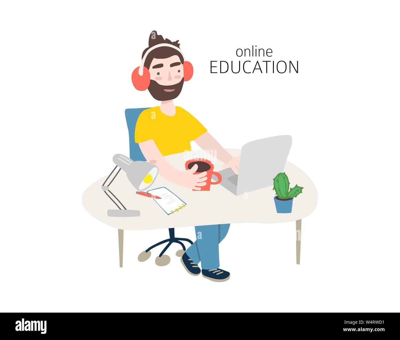 Student in learning process. Flat illustration of man studying online ...