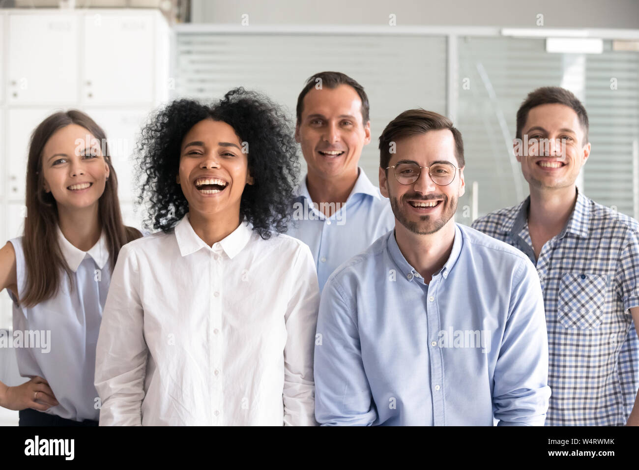 Laughing diverse office workers group, multiracial employees Stock ...