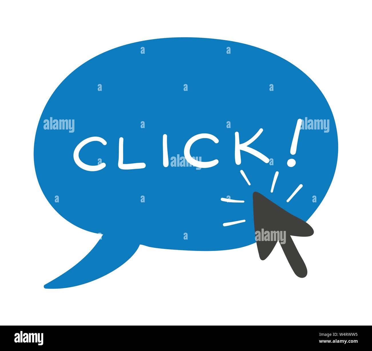 Vector hand-drawn illustration of speech bubble with click word and mouse cursor is clicking ...