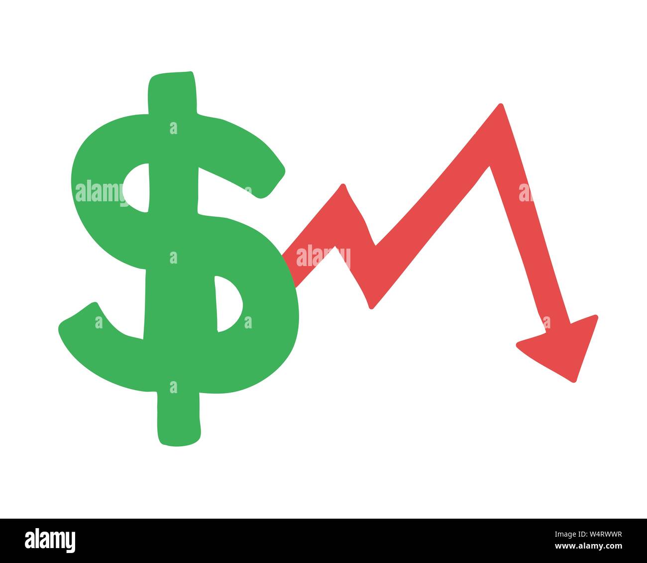 Vector hand-drawn illustration of dollar symbol with arrow moving down ...