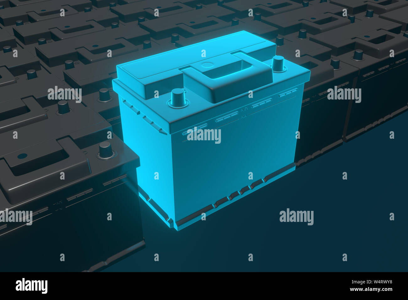 3D rendering. Many car battery on background. Acid battery for start ...