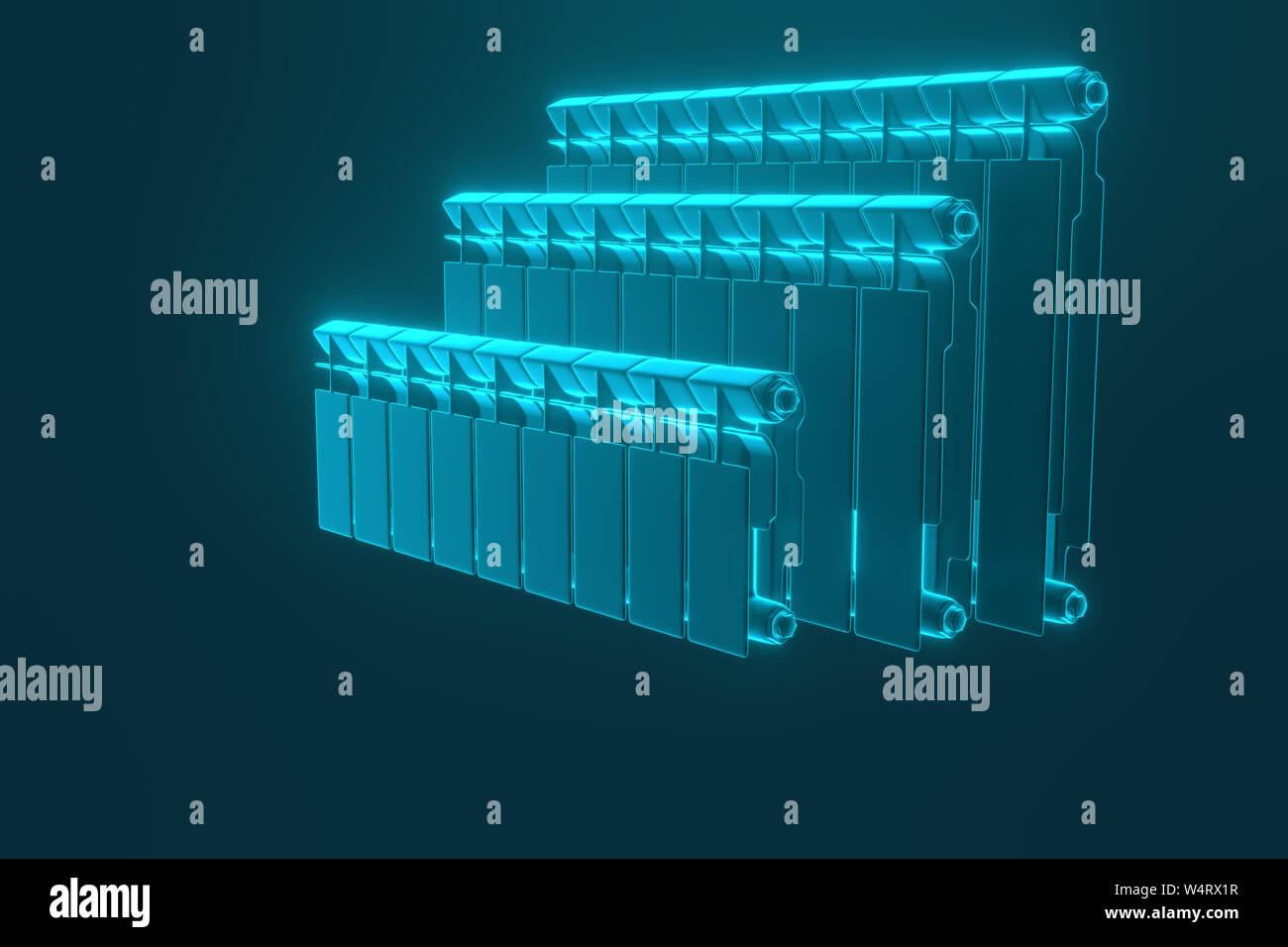 3D rendering. Central heating radiators with many sections. Many ...