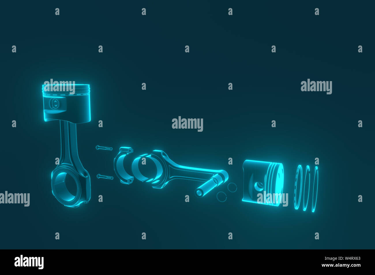 3D rendering. Engine piston with piston rings. Truck pistons on blue ...
