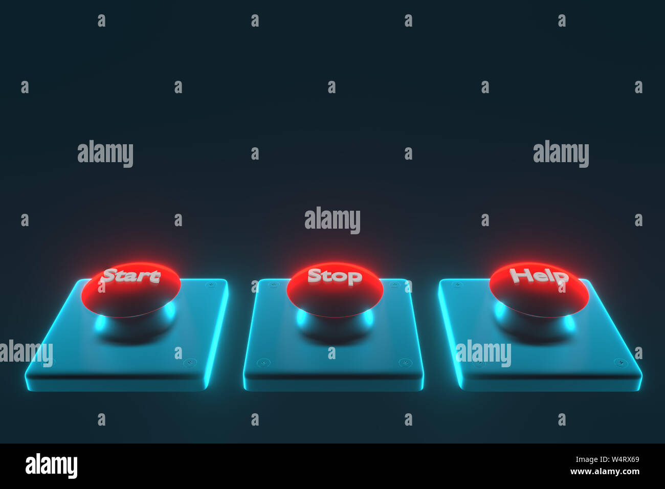 3D rendering. Red web buttons with start, stop, help. Buttons on blue ...