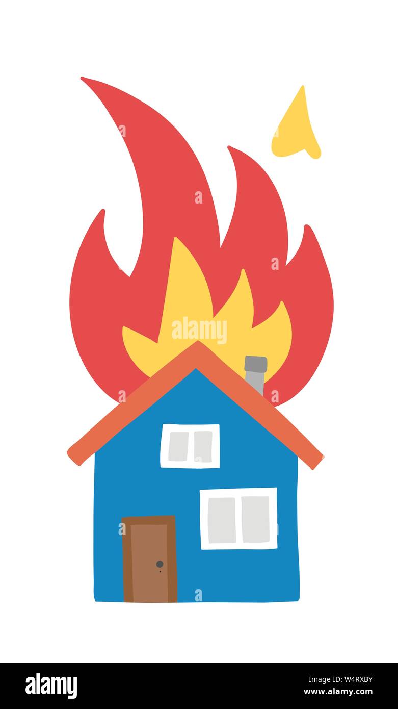 Vector hand-drawn illustration of house fire, detached house on fire ...