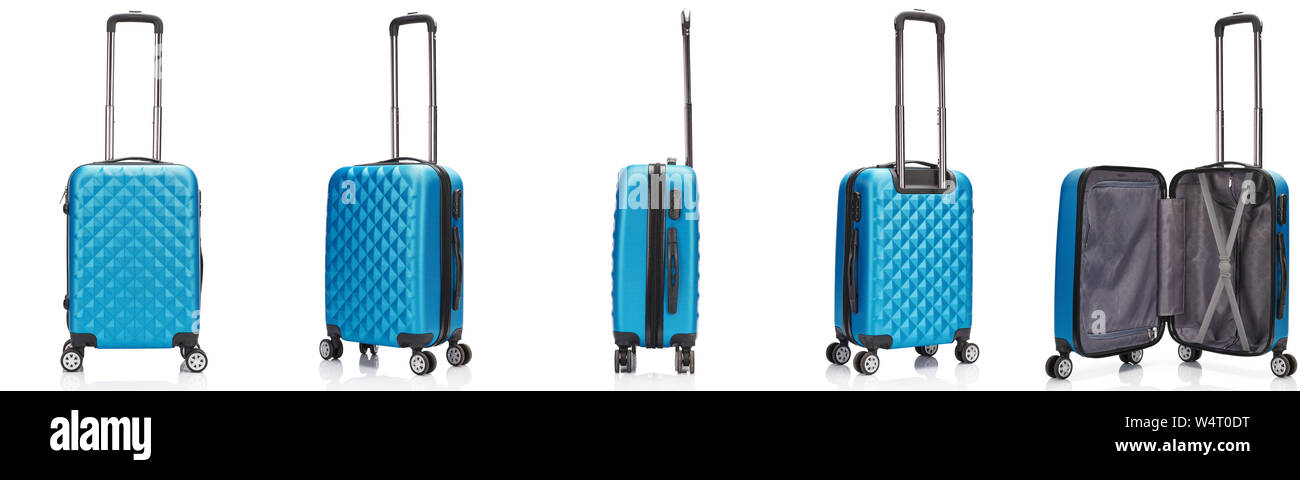 collage of blue wheeled colorful suitcase with handle isolated on white ...