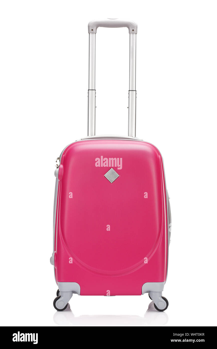 front view of red plastic wheeled colorful suitcase with handle ...