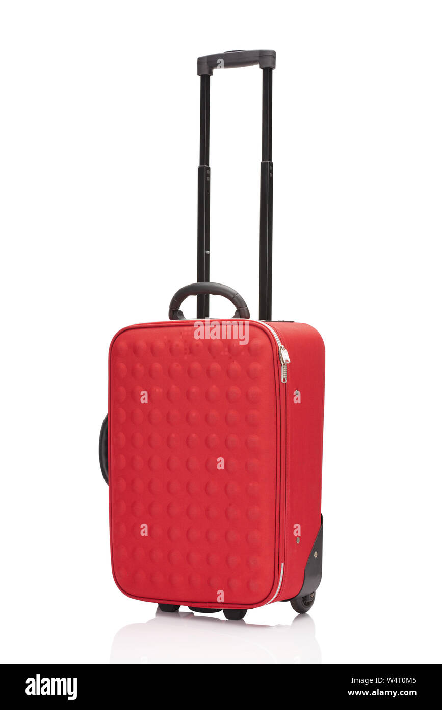 red wheeled colorful suitcase with handle isolated on white Stock Photo ...